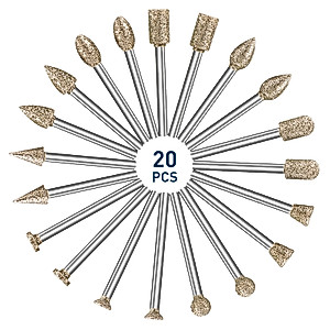 Diamond Grinding Burr Bit Set，20Pcs Rotary Tool Accessories Stone Carving Set with 1/8 inch Shank for Stone Ceramic Glass Carving, Grinding, Polishing, Engraving, Sanding