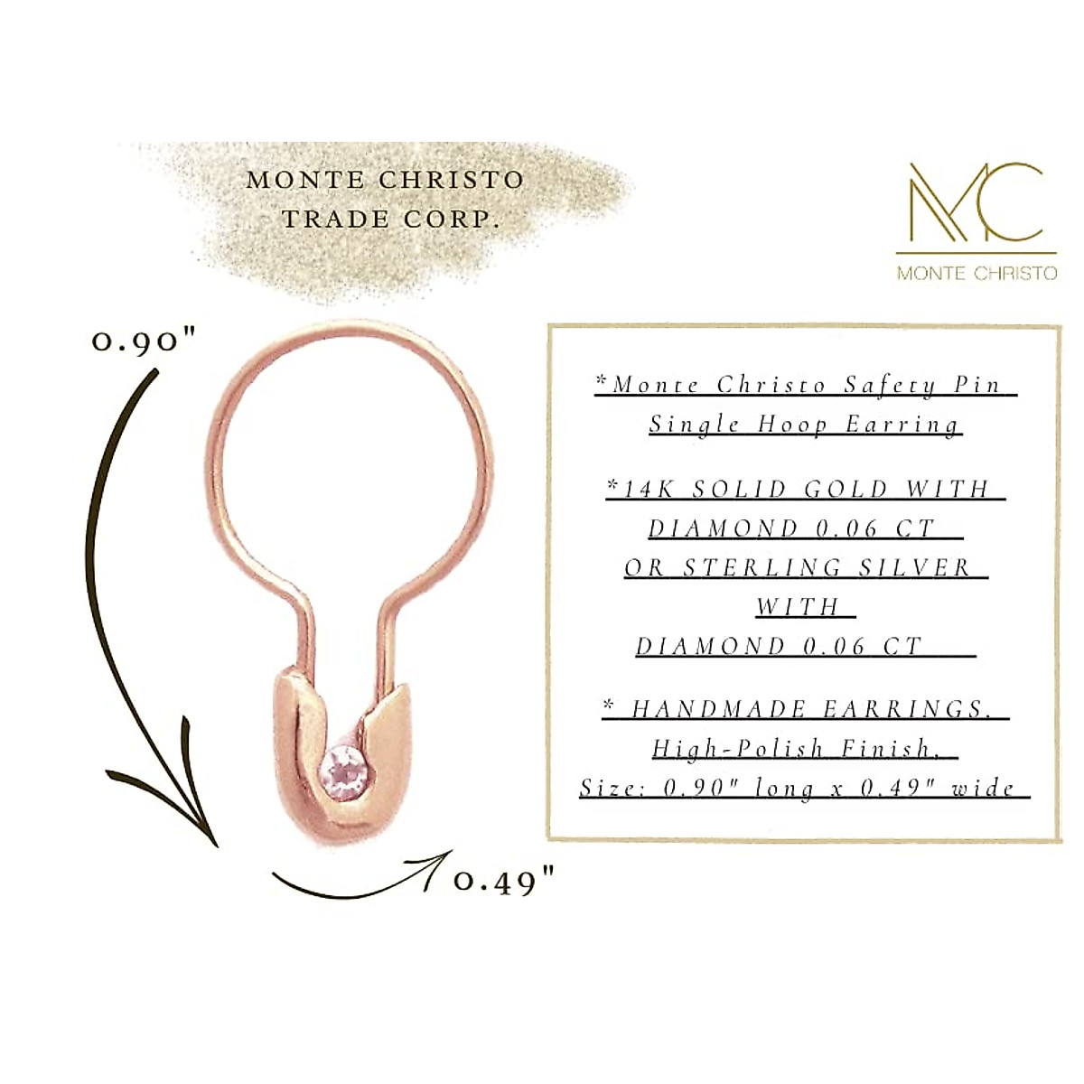 Monte Christo Diamond Safety Pin Hoop Earring | Single Earring | Handmade Gold Hoop Earrings | Jewelry Gift For Women | Hoop Earrings, Safety Pin Earrings, Charm Earrings | Made In The USA | Yellow Gold