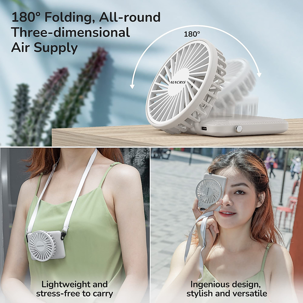 ALACRIS Portable Hanging Neck Fan, Wearable Personal Fan with Adjustable Lanyard, 3 Speeds Rechargeable Mini Handheld Personal Fan for Home Office Outdoor Travel
