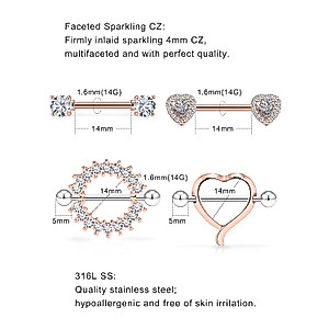 Ronbemo 4 Pairs Surgical Steel Nipple Rings Heart Nipple Barbell Crystal CZ Ball Nipple Hoop Piercing Jewelry for Women Rose Gold