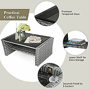 SAWQF 4 PCS Patio Rattan Furniture Set Sofa Table Storage Shelf Black Cushion Armchair
