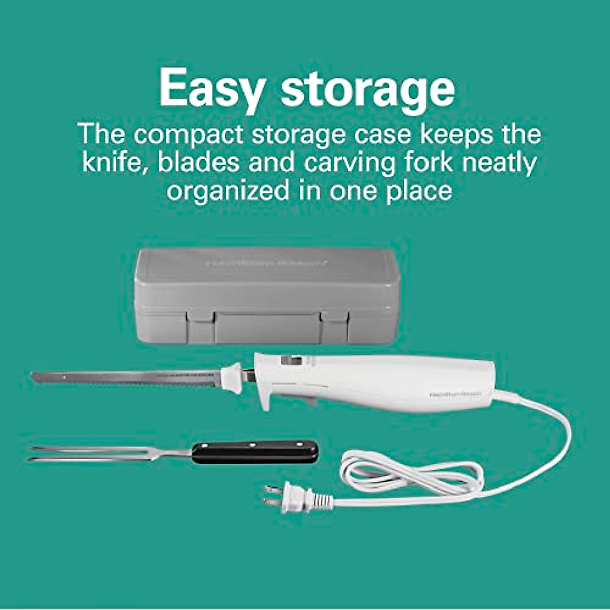 Hamilton Beach Electric Knife for Carving Meats, Poultry, Bread, Crafting Foam & More, with Reciprocating Serrated Stainless Steel Blades, Ergonomic Design, Storage Case & Fork Included, White