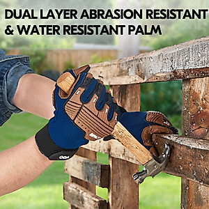 Vgo...…1Pair Leather Heavy Duty Work Gloves,Mechanics Gloves,Impact Resistant, Anti-Vibration, Water-repellent (L,Blue,CA7725)