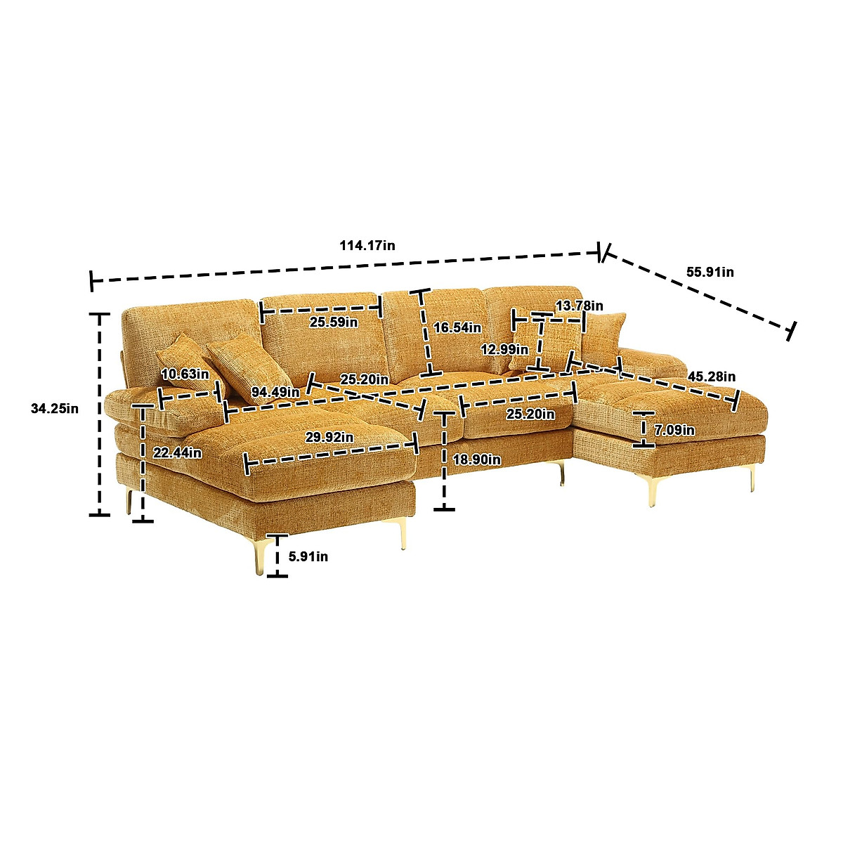 LUCKHAO Modern Large Sectional Sofa with 2 Chaises Lounges, U-Shaped Sectional Couch, Metal Legs, Comfy Deep 4 Seats Upholstered Living Room Furniture(Yellow)