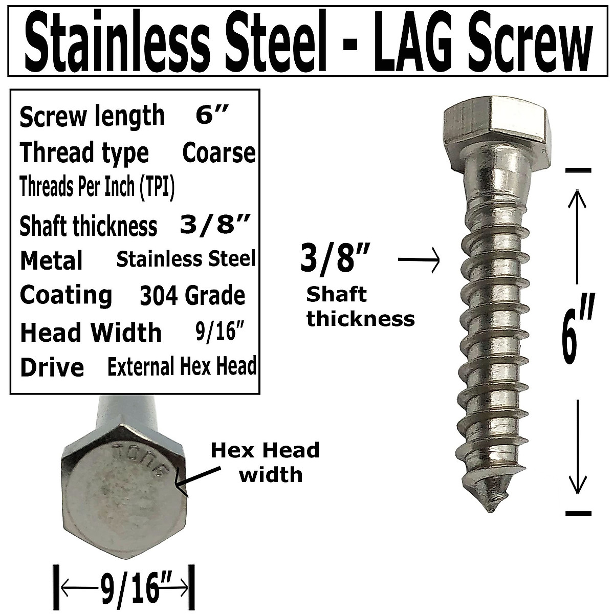 3/8" X 6" - 304 Grade Stainless Steel lag screws, Hex head fasteners, stainless steel screw. Use as Construction, wood, metal, lag screw or mounting screws fasteners lag bolts. Heavy duty screws. (10)