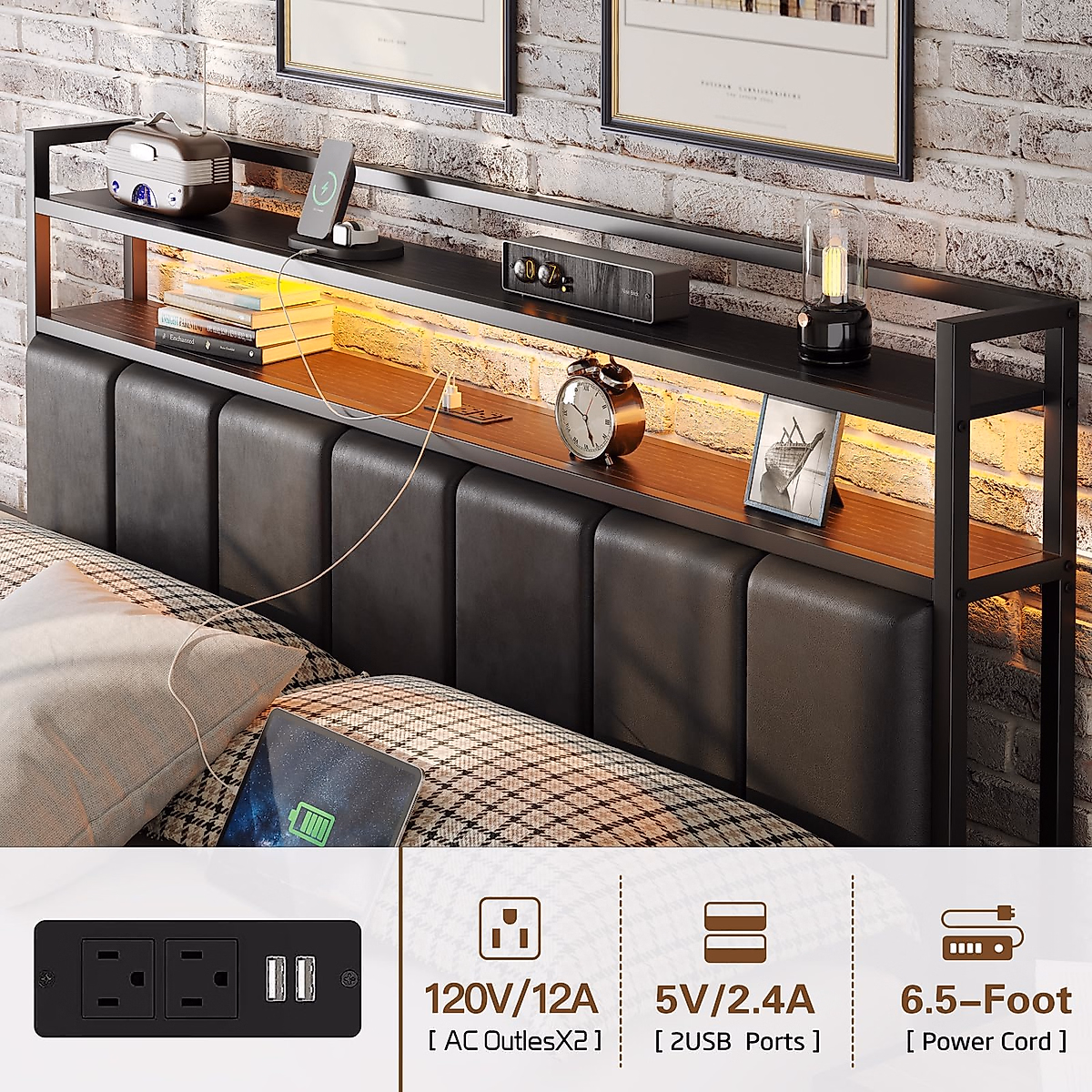 CollaredEagle Full Size Bed Frame with Headboard, Metal Bed Frame with Charging Station and LED Lights, Heavy Duty Bed with Storage Shelves,Noise Free(Black)