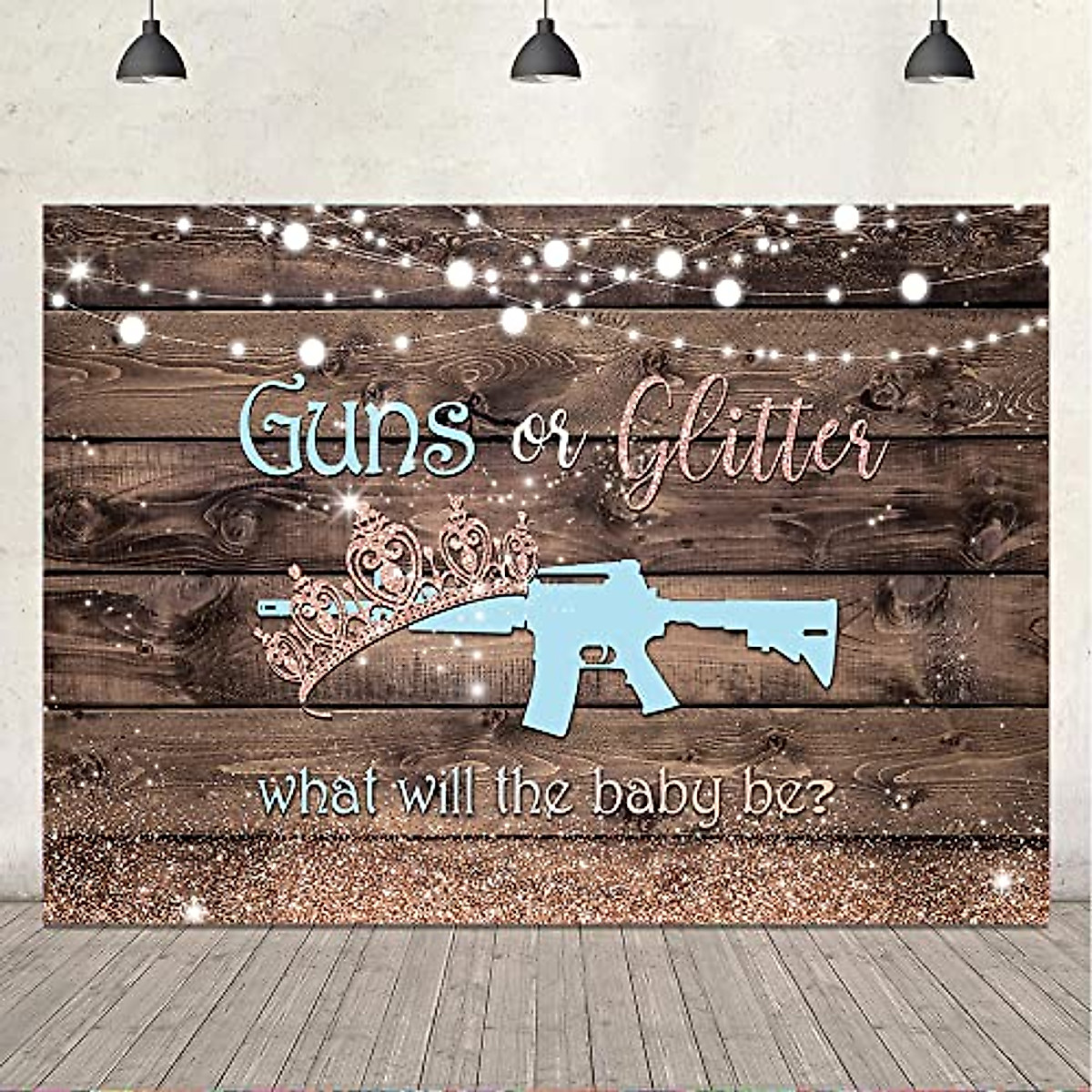 Ticuenicoa Guns or Glitter Gender Reveal Backdrop Rustic Brown Wooden Photography Background He or She Boy or Girl Blue or Pink Baby Shower Cake Table Party Photo Shoot Props Booth Studio Banner 7x5ft