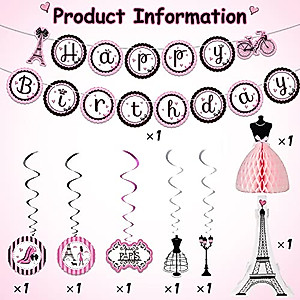 Paris Party Decorations Set, Paris Happy Birthday Banner Dress Honeycomb Centerpiece Eiffel Tower Cutout Paris Hanging Swirl Decoration for Baby Shower Birthday Paris Theme Party Supplies