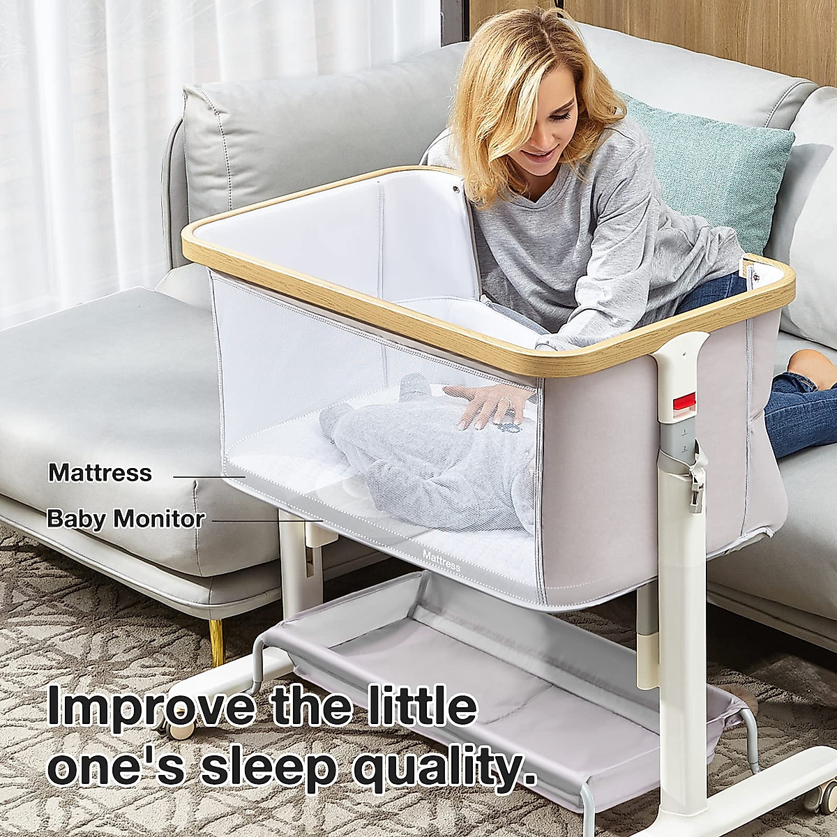 RONBEI Baby Bassinet with Breathing Baby Monitor, Bedside Sleeper with Storage Basket and Wheels, Easy Folding Bassinets for Baby and Monitor Baby Heart Rate Breathing Rate