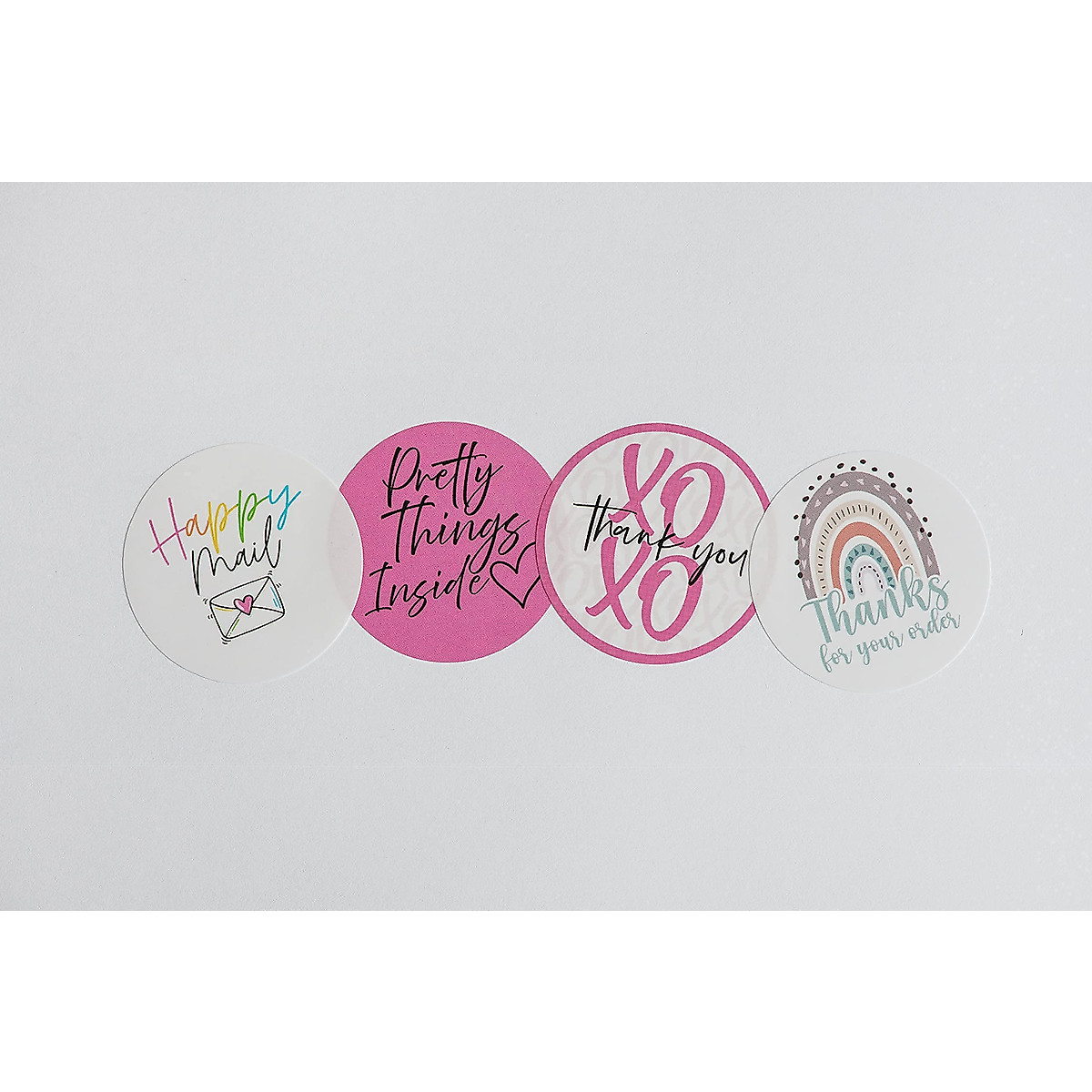 Assorted Cute Packaging Stickers - Roll of 500 - Four Fun Designs - 1.5" Round Glossy Sealers for Small Business - Happy Mail - Thank You for Your Business/Pretty Things Inside
