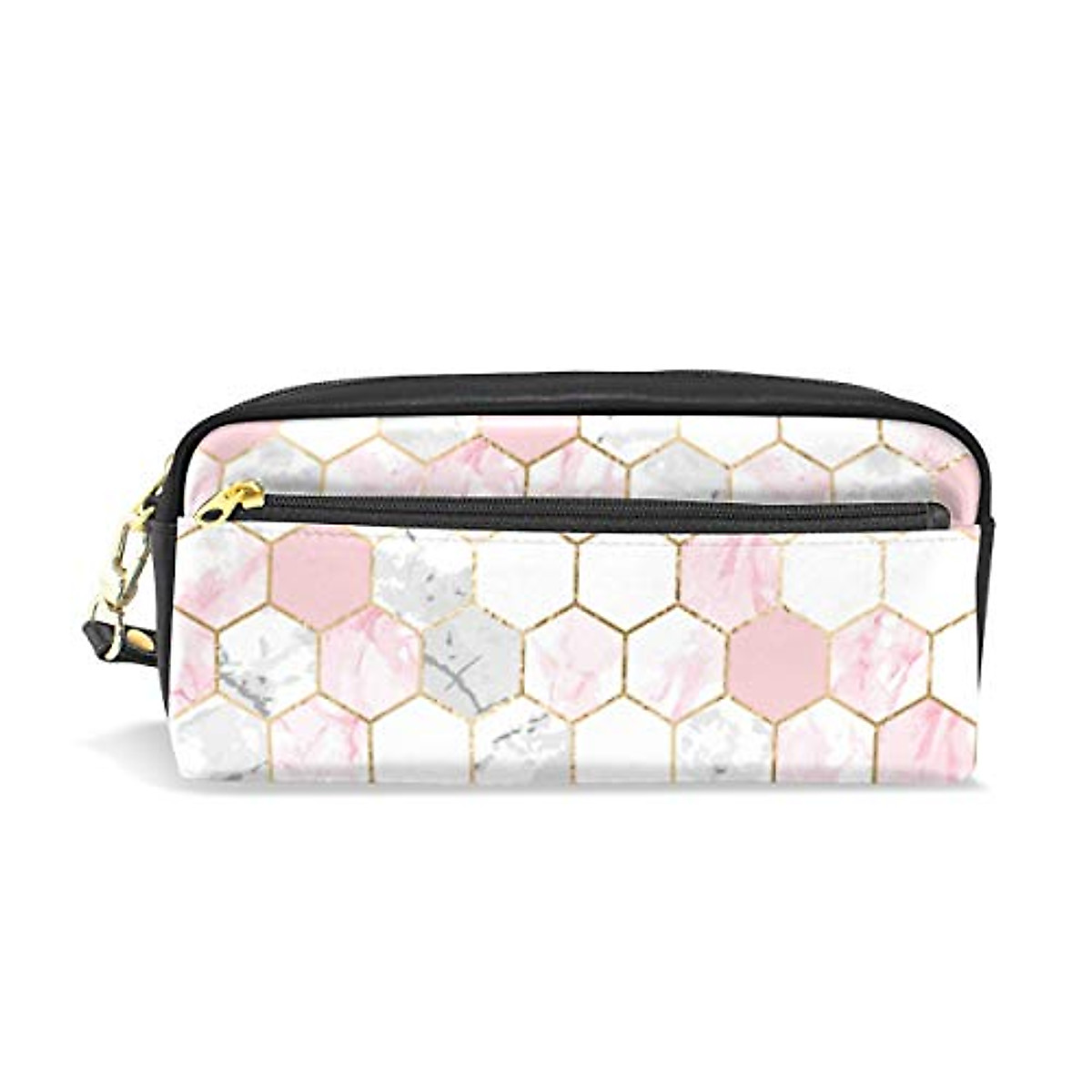 ALAZA Cute Pencil Case White Marble Rose Gold Lattice Geometric Pen Cases Organizer PU Leather Comestic Makeup Bag Make up Pouch