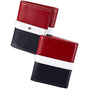 Tommy Hilfiger Big Skinny Wallet - Leather Wallets for Men Slim Thin Trifold with RFID Blocking Security and ID Window, Red/White/Blue, One Size