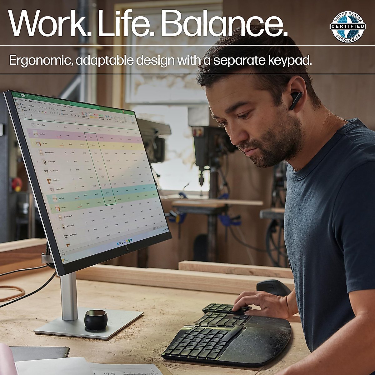 HP 960 Ergonomic Wireless Keyboard - Connect 3 Devices with Bluetooth & Unifying Dongle Connectivity - 20 Programmable Keys, Detached Numeric Keypad - Extra-Large Foam Wrist Rest, Long Battery Life