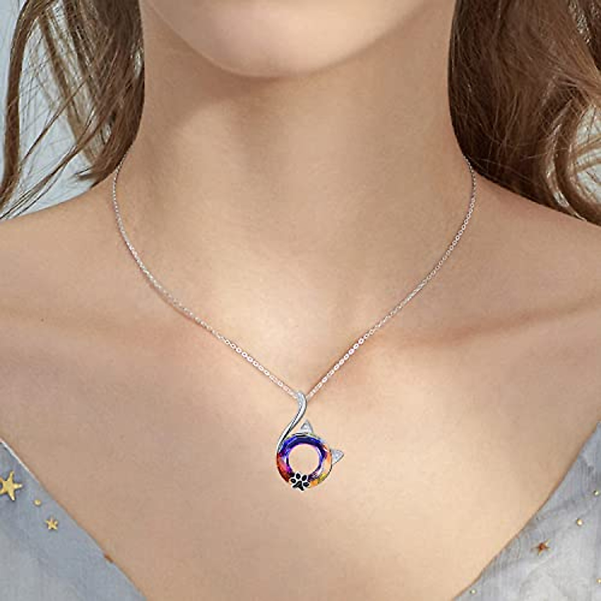 Dreamboat Sterling Silver Cat Necklace for Women Crystal Necklace Cute Animal Necklace Kitten Necklace Cat Pendant Red Paw Print Necklace Cat Jewelry Gifts