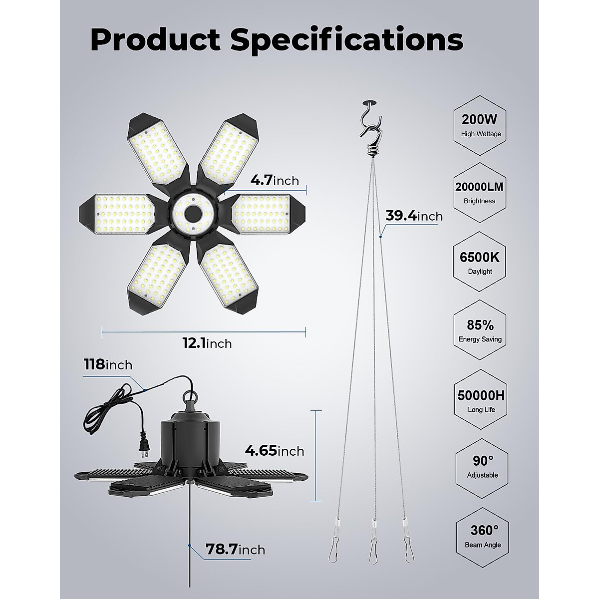 toberich 2-Pack Plug in Garage Light, 200W 20000LM Linkable LED Shop Light w/Pull Chain(ON/Off), 6+1 Deformable Panels, 6500K LED Ceiling Lights for Garage, Workshop, Warehouse, Barn