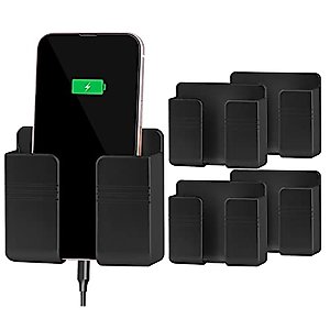 KEPEHE 4 Pcs Phone Holder Wall Mounted, Phone Stand with Data Cable Receiving Hole/Self Adhesive.Phone Holder for Shower/Charging.Compatible with iPhone and Android (Black)