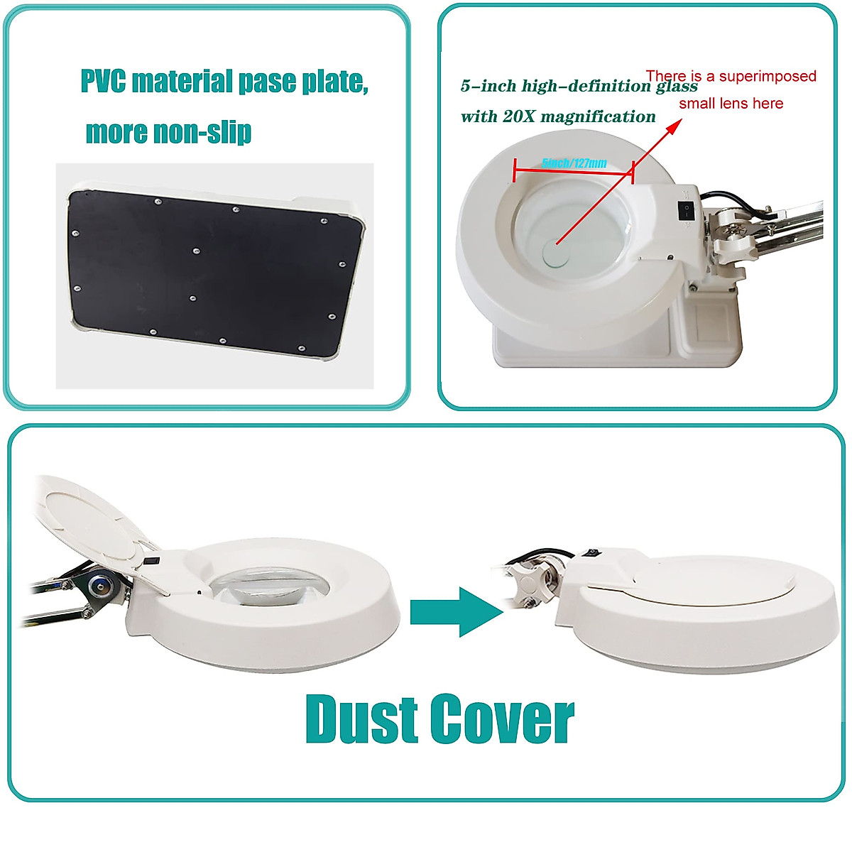 INTBUYING 20X Magnifier,110V Folding LED Desk Lamp Amplification Magnifier, 5" White Glass Lens,Adjustable Table Magnifier with Light, for Reading and Working
