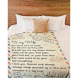 Blanket Personalized Love Mail Letter to Wife My Queen Forever from Husband- Fleece Blankets- Gifts for Wife Cozy Plush Fleece Blanket Size 60x80 inch On Christmas, Birthday, Holiday