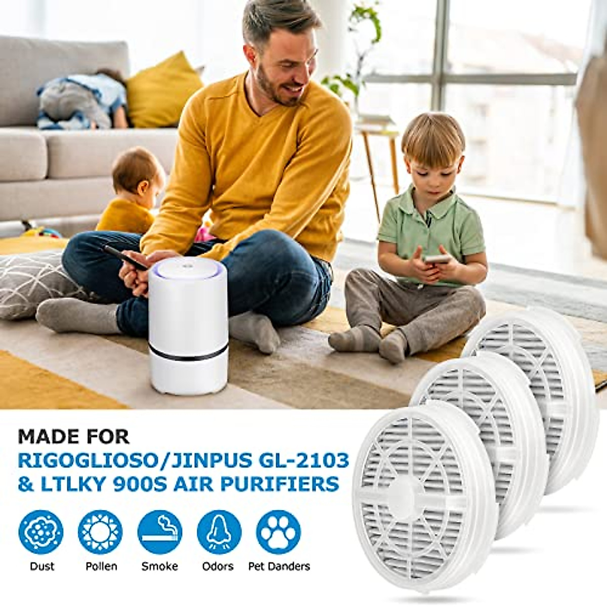 GL2103 True HEPA Replacement Filter for RIGOGLIOSO GL2103, JINPUS GL-2103, LTLKY 900S Air Purifier, 2-in-1 True HEPA Filters and Activated Carbon Filters (3-Pack)