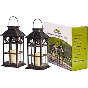 SteadyDoggie Solar Lantern Classic Bronze 2 Pack - Hanging Solar Lights with Flickering Candle LED - Retro Ornate Hanging Solar Lantern with Handle (Bronze, 2)