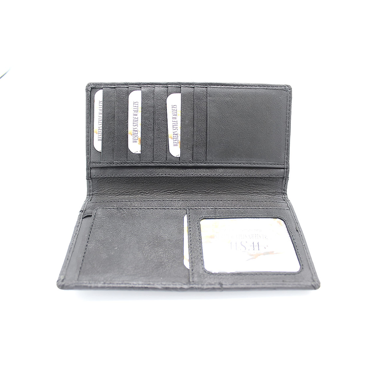 EastMeetsWest Western Black Star Concho Genuine Leather Ostrich Embossed Bi-Fold Men's Rodeo Long Wallet