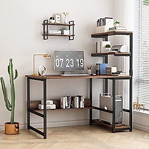 YQ JENMW Computer Desk with 4 Tier Shelves,43.3 Inch Study Table Desk with Storage Shelf,Study Gaming Storage Table Writing Desk with Bookshelf for Home Office Bedroom, Brown