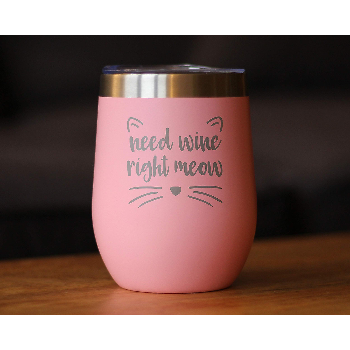 Bevvee Need Wine Right Meow - Cat Wine Tumbler Glass with Sliding Lid - Stemless Stainless Steel Insulated Cup - Funny Cute Gifts - Pink