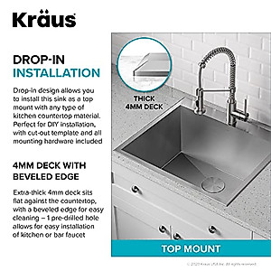 KRAUS Standart PRO 22-inch Drop-In Top Mount 16 Gauge Stainless Steel Single Bowl Laundry Utility Sink, KHT301-22L