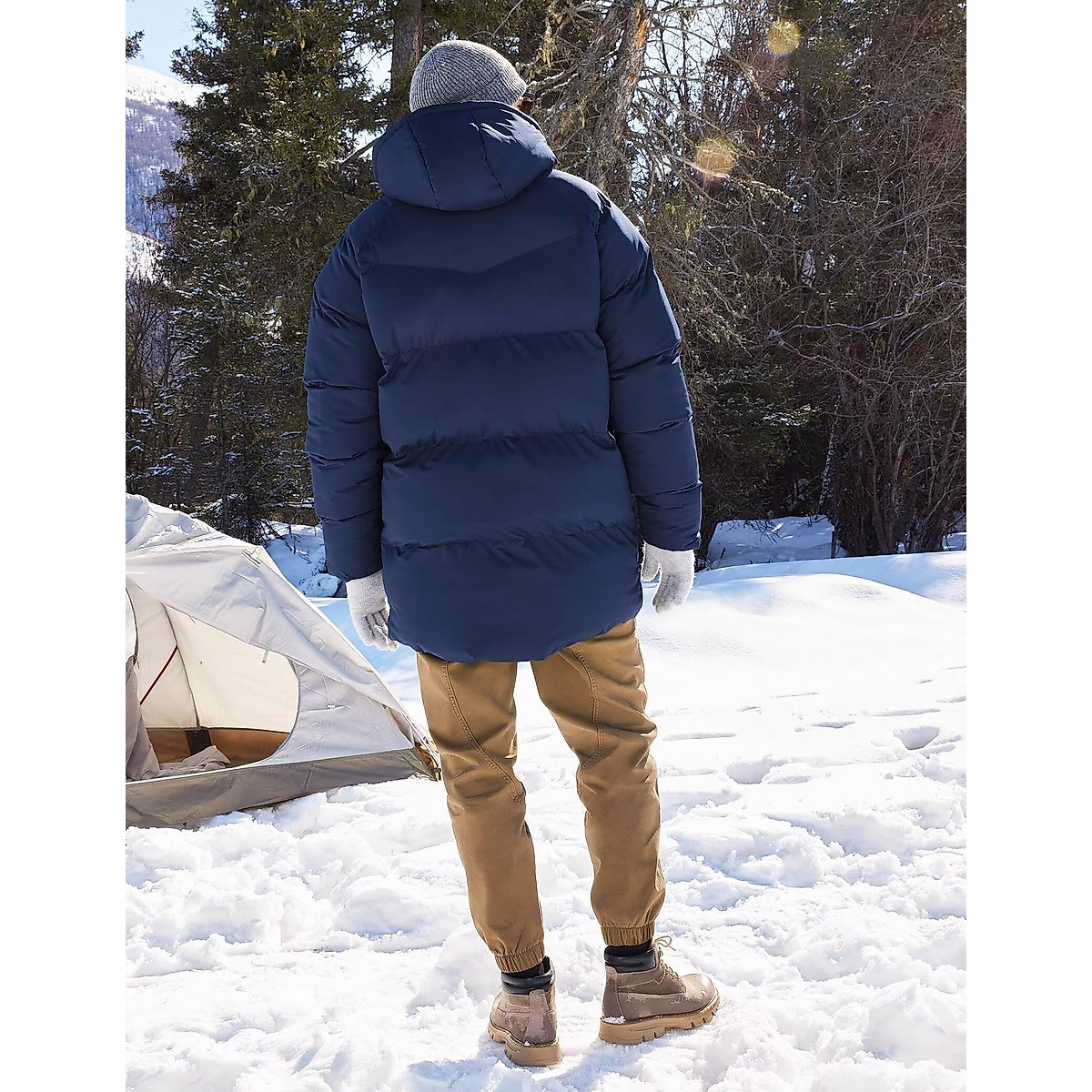 Rejork Men's Long Winter Coat Hooded Warm Quilted Jacket Water-resistant Cold Weather Parka Navy M