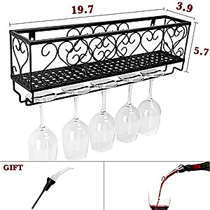 Wine Rack Wall Mounted with Wine Glass Holder - Metal Hanging Wine Rack with Wine Aerator Pourer, Wall Wine Rack for Wine Storage, Black Wine Rack for Kitchen Bar Shelves, Holds 6 Bottles & 5 Glasses