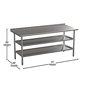 BizChair Stainless Steel 18 Gauge Work Table with 1.5" Backsplash and 2 Undershelves - 72" W x 30" D x 34.5" H, NSF