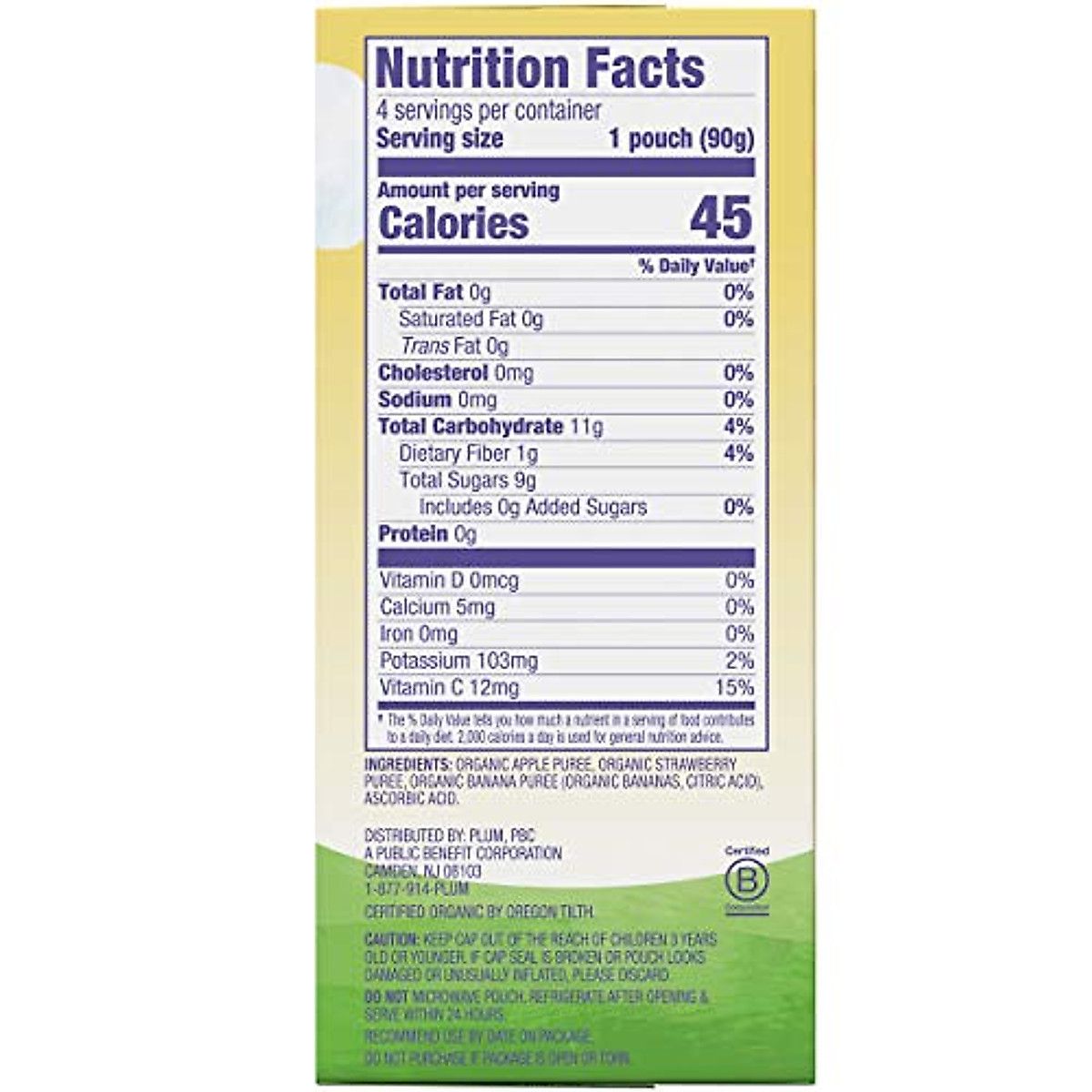 Plum Organics Applesauce, Strawberry & Banana, 3.17 Oz, 4 Ct