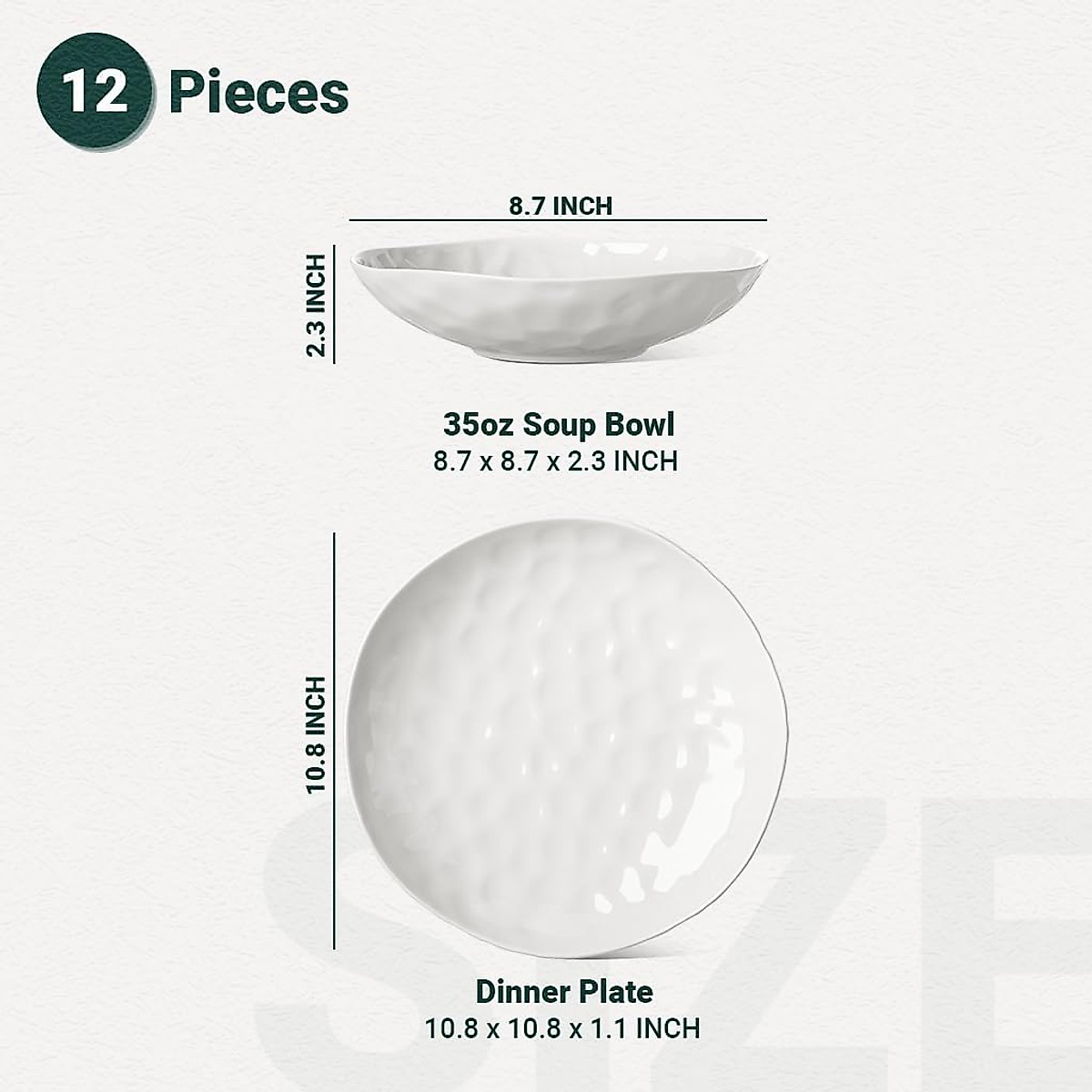 HOMBENE White Dinnerware Set 12 Piece Service for 6, Porcelain Dinnerware Sets, Over Size Plates Sets for Dessert Salad and Pasta, Dishes Set