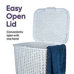 Plastic Laundry Hamper with Lid Laundry Hamper Basket, White Smoke 2 Pack Tall Cloths Hamper Organizer with Cut-out Handles. Space Saving for Laundry Room Bedroom Bathroom, Wicker Design 60 Liter