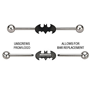 DC Comics Unisex Batman Stainless Steel Industrial Barbell. Official Licensed Jewelry. Black/Silver, One Size (BATMBCT02K)