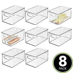 mDesign Deep Plastic Bathroom Storage Bin Box, Lid/Built-in Handles, Organization for Makeup, Hair Styling Tools, Toiletry Accessories in Cabinet, Shelves, Ligne Collection, 8 Pack, Clear