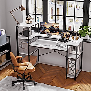HYPIGO White Computer Desk with Printer Shelf, 63 Inch Industrial Office Desk with Storage Shelves, Writing Workstation with Bookshelf, Study Table for Home Office