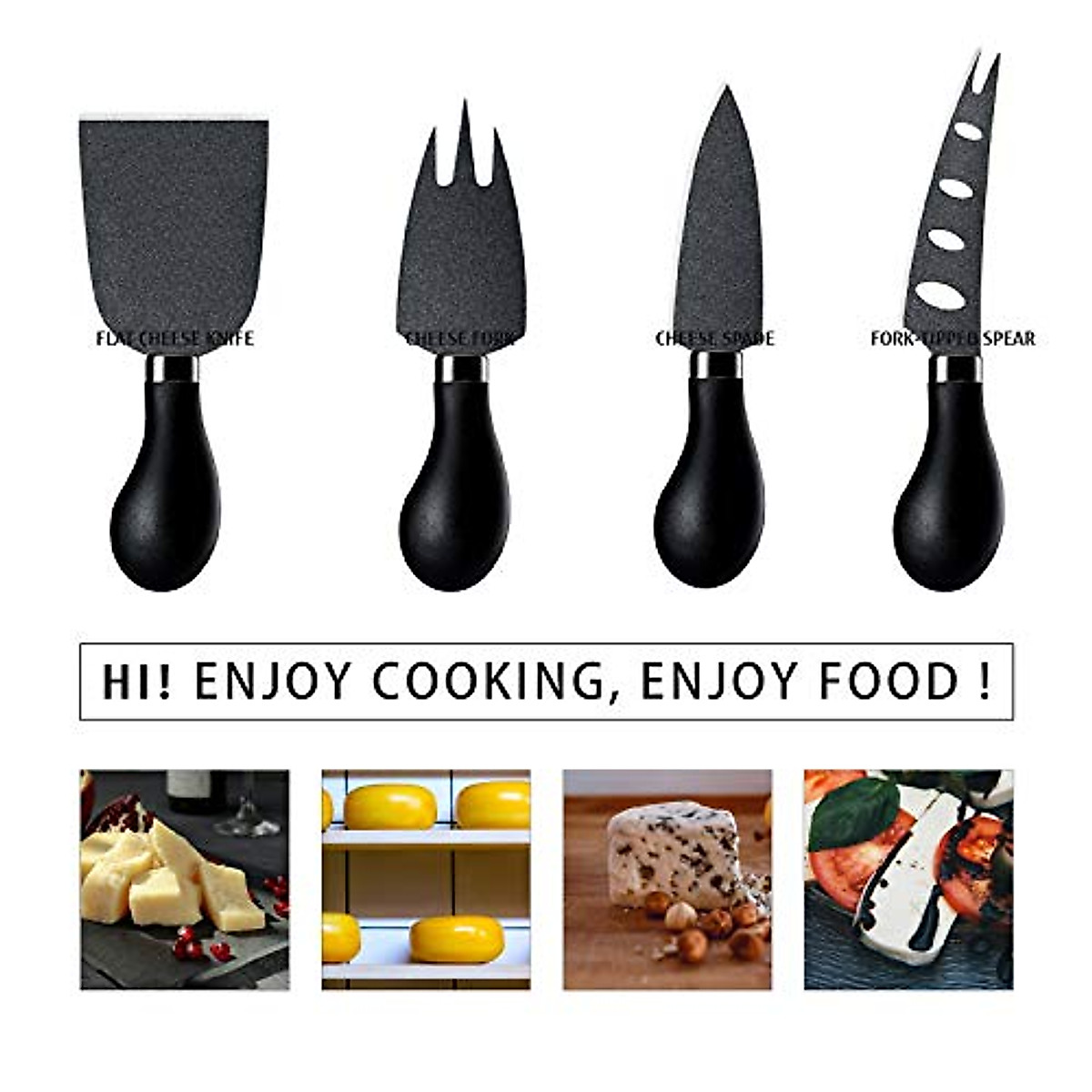 hecef Cheese Knife Set of 4, Non-Stick Coated Gift Set for Christmas, Anniversary, Party, Housewarming, Picnic, Birthdays, Wedding(Black)