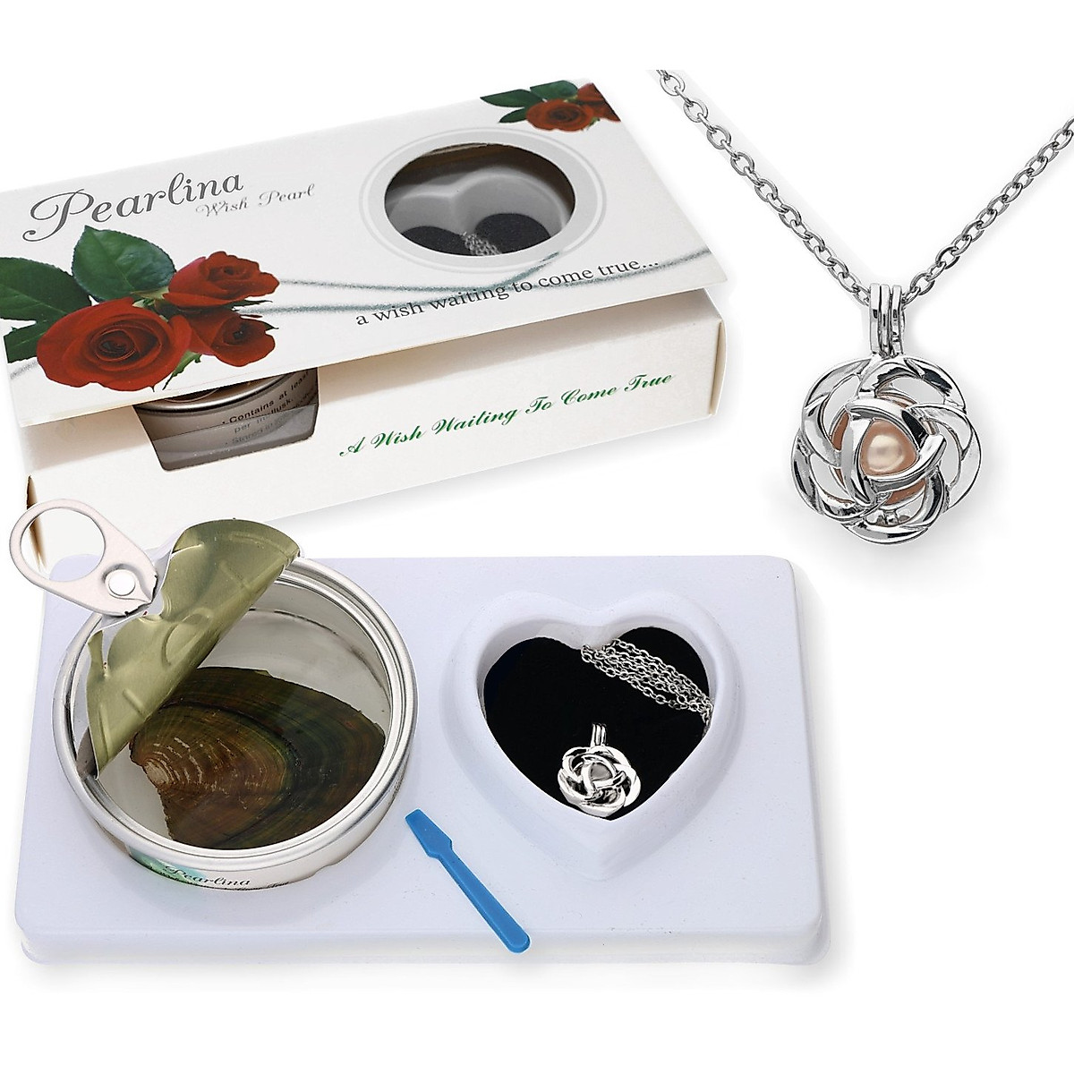 Pearlina Rose Flower Cultured Pearl Oyster Necklace Set Silver-tone Pendant w/Stainless Steel Chain 18"