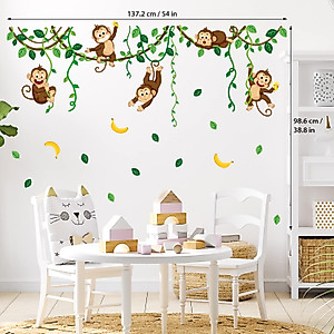 DECOWALL DS9-8053 Monkey Vines Wall Decals Kids Stickers Nursery Room Bedroom décor Living Baby Tree Removable Animal Peel Stick Jungle Art Green Home playroom Vinyl Leaves Decoration