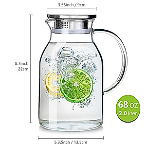 68OZ Glass Pitcher with Lid and Spout - High Heat Resistance Pitcher for Hot/Cold Water & Iced Tea (2.0L)