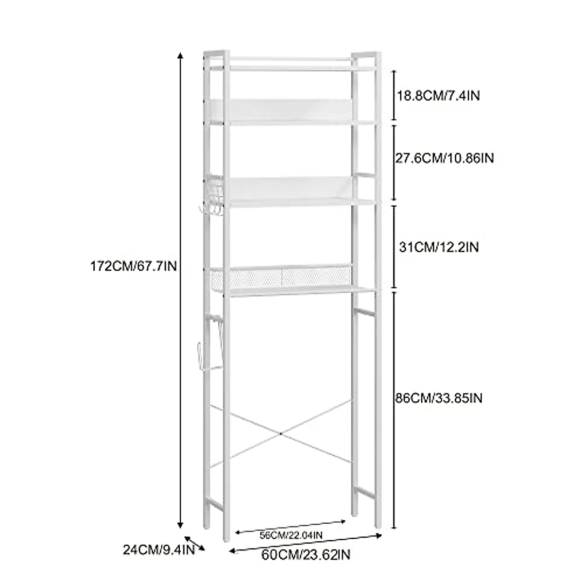 HOME BI Over The Toilet Storage Shelf ，Bathroom Organizer Over The Toilet Storage 4-Tier ，Wooden freestanding Toilet Shelf for Space Storage Toilet with Hooks (White Oak)