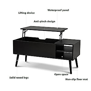 CLIKUUTORY Modern Black Lift Top Coffee Table with Hidden Compartment and Adjustable Storage Shelf, Mid Century Rustic Dining Table with Wood Legs for Home, Living Room, Office