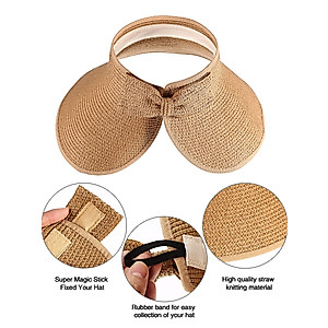 HESTYA Women's Wide Brim Straw Sun Visor Hat Foldable Roll-up Summer Beach Hat Open Top Hat Packable