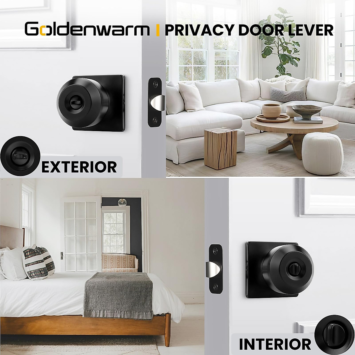 goldenwarm Black Door Knobs, Matte Black Privacy Door Knob Interior, Square Interior DoorKnobs for Bedroom, Bathroom, (6 Pack)