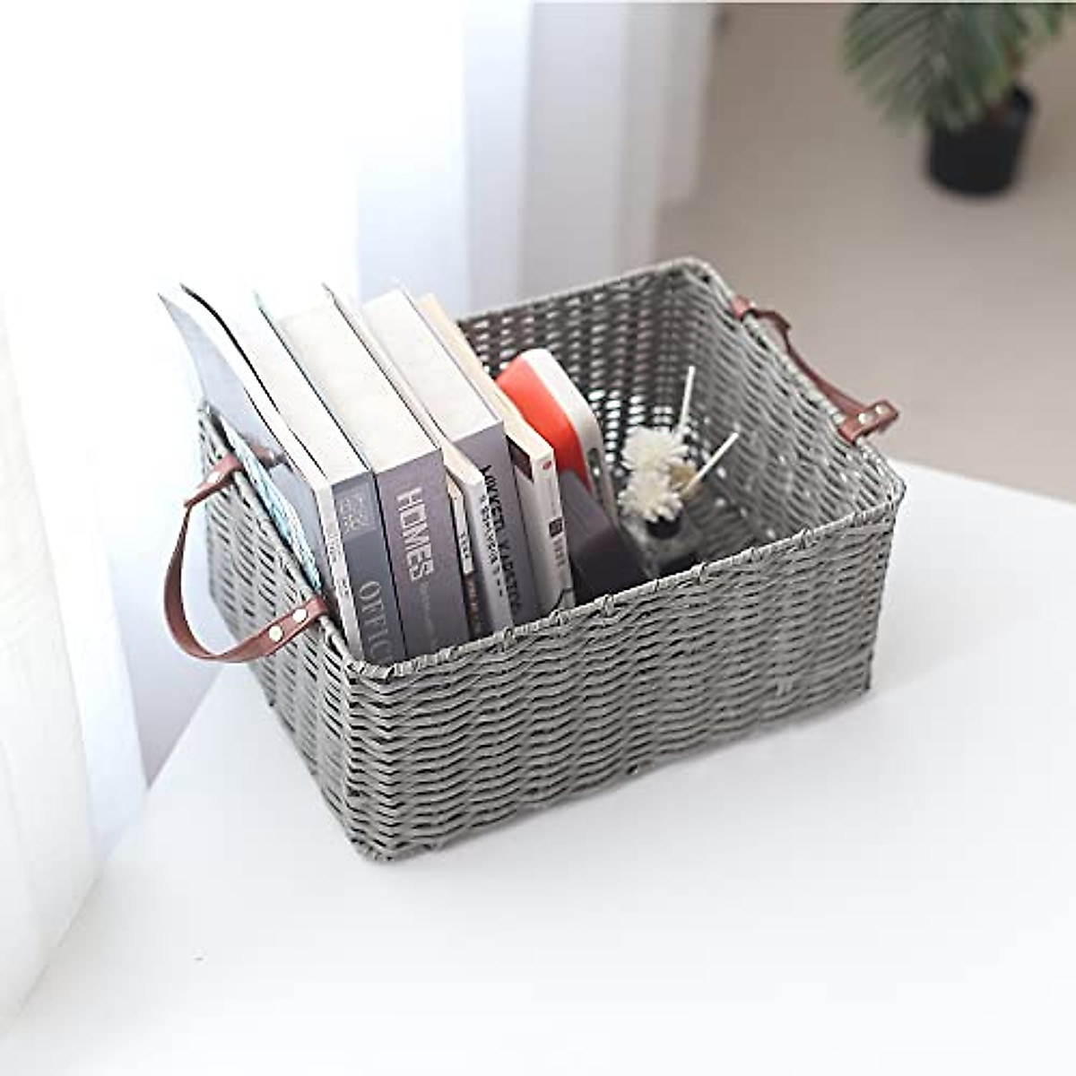 HDKJ PP Tube Storage Basket with handle,Rectangular storage basket,Decorative Home Storage Bins. (Gray, Large)
