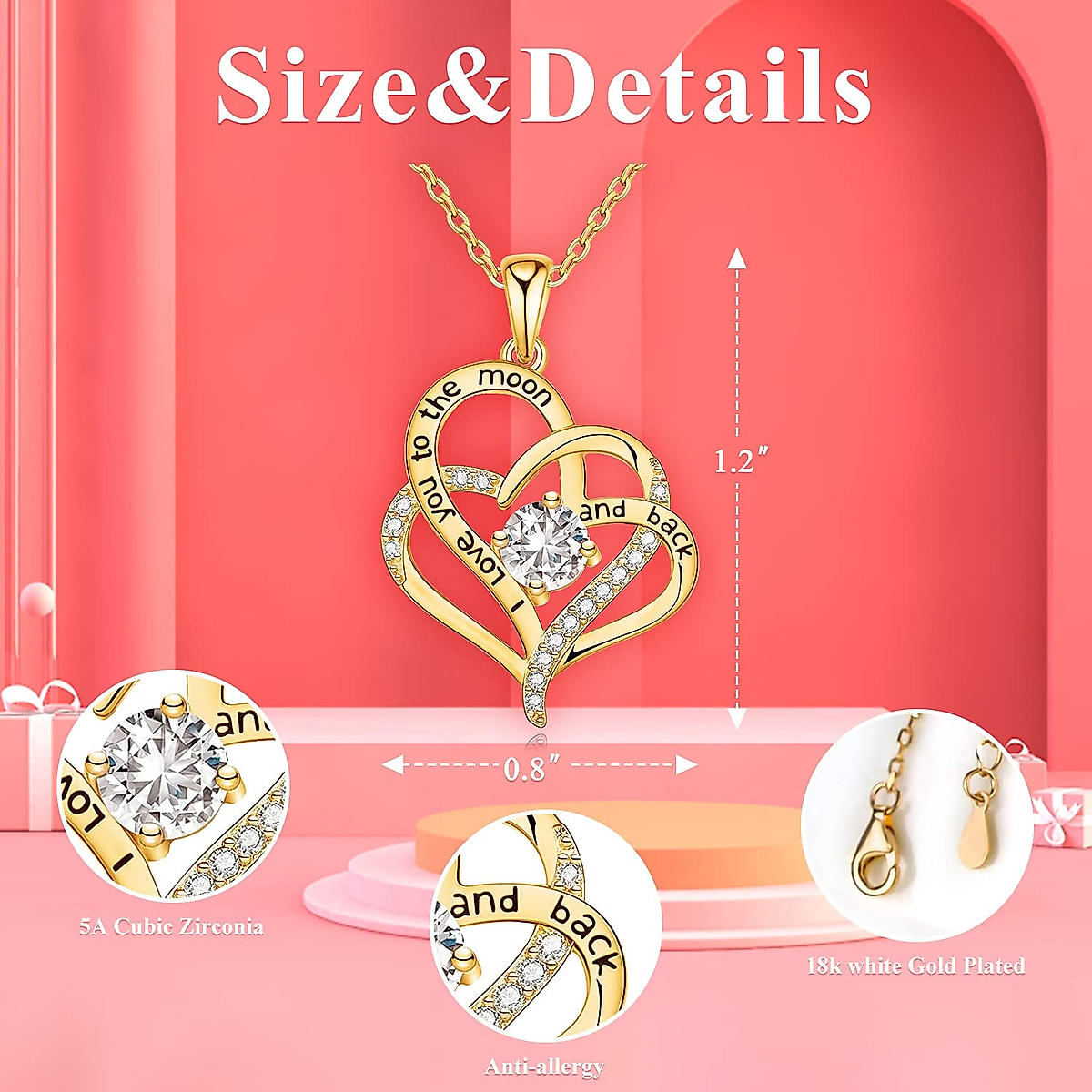 PICKBEAU Preserved Red Real Rose with Double Heart Gold Pendant Necklace for Women on Christmas Mothers Day Valentines Day Birthday Gifts for Women-Gold