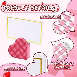 Qunclay 18 Pcs Valentine's Day Wooden Heart Place Card Holder Mini Heart Decor with 30 Pcs Gold Foil White Place Card Table Photo Number Sign Stand Holder for Place Setting Decoration(Bright Style)