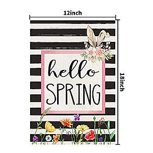 Hello Spring Flower Garden Flag 12x18 Inch Double Sided Burlap Outside, Seasonal Floral Bunny Sign Yard Farmhouse Outdoor Decor DF231