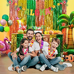 LOLStar Hawaiian Luau Party Decorations 2Pack Green Brown and Yellow Wavy Metallic Tinsel Foil Fringe Table Skirt for Rectangle and Round Table,Perfect Decor for Summer Beach Party Tropical Themed